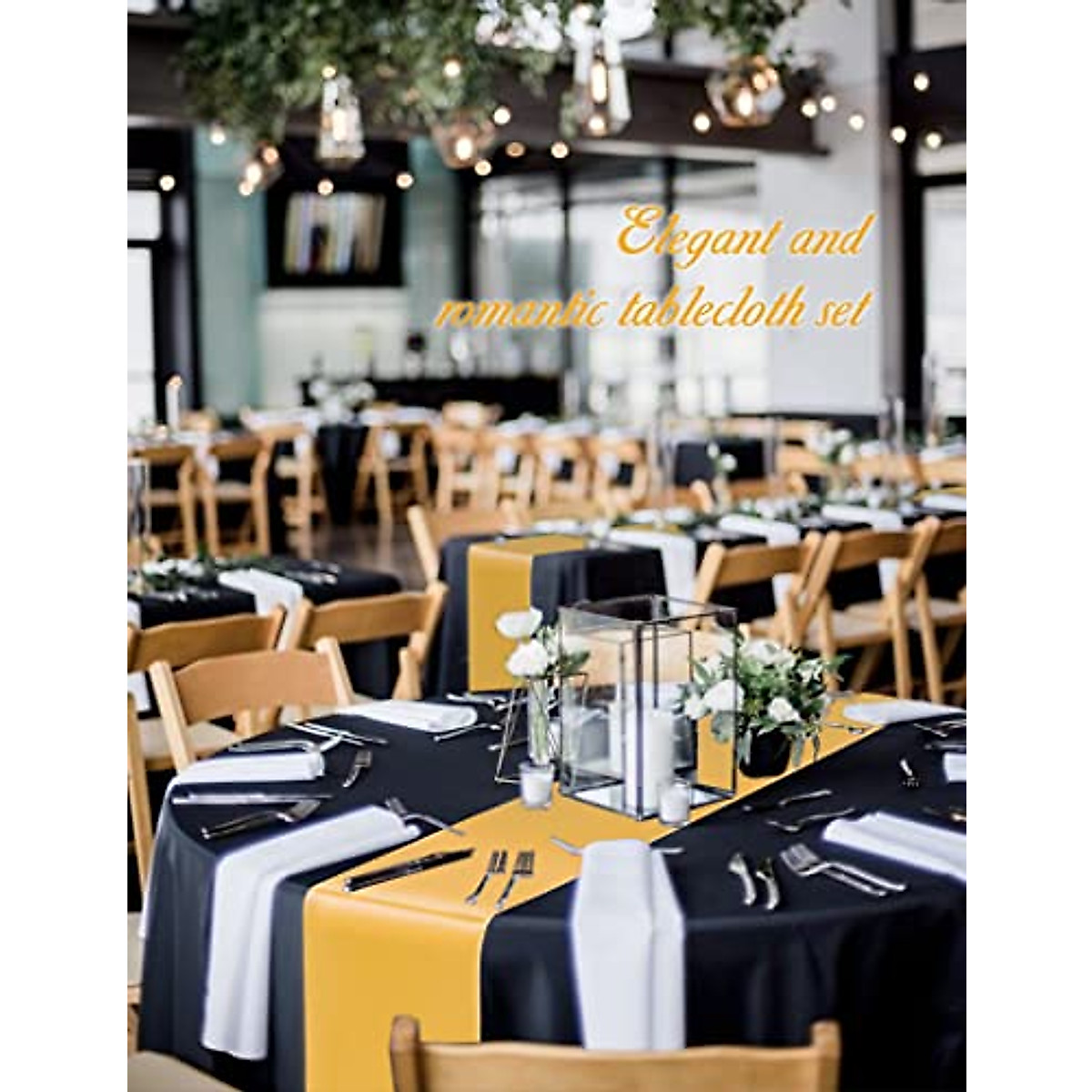 LOKUME 6 Pack Round Plastic Tablecloth 84" Black Disposable Table Covers Waterproof Circle Party Table Cloths for Round Tables and 6 Pack 12"x108" Gold Satin Table Runners for Parties Birthday Picnic