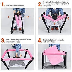 INFANS Pack and Play, Portable Playard with 50pcs Ball Pit Balls Carry Bag, Breathable Mattress, Washable Sheet Cover, Easy Folding Baby Crib Playpen Activity Center (Pink)