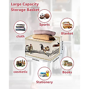 1 PC Large Storage Basket Bins Waterproof Fabric, Rooster Ink Painting Rectangular Storage Box for Shelf Closet Organizer Chinese Farm Chicken Cock Plant