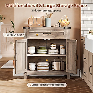 UPOSOJA Farmhouse Buffet Cabinet with Drawers, Barn Doors Buffet Storage Cabinet, Sideboard, Credenza with Adjustable Shelves for Kitchen, Dining Room, Living Room (Old Gray, 31.4in)