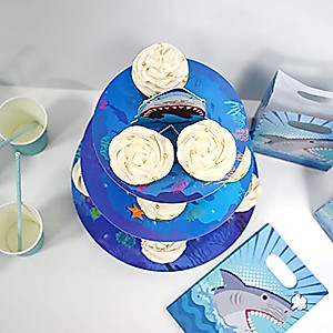 Cardboard Ocean Shark Cake Stands 3 Tire Cupcake Stands Mini Cake Stand Reusable Kid Birthday Baby Shower Party Supplies Dessert Stand…