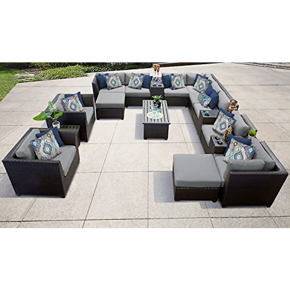 TK Classics Barbados 17 Piece Wicker Outdoor Sectional Seating Group with Storage Coffee Table and Club Chairs, Grey