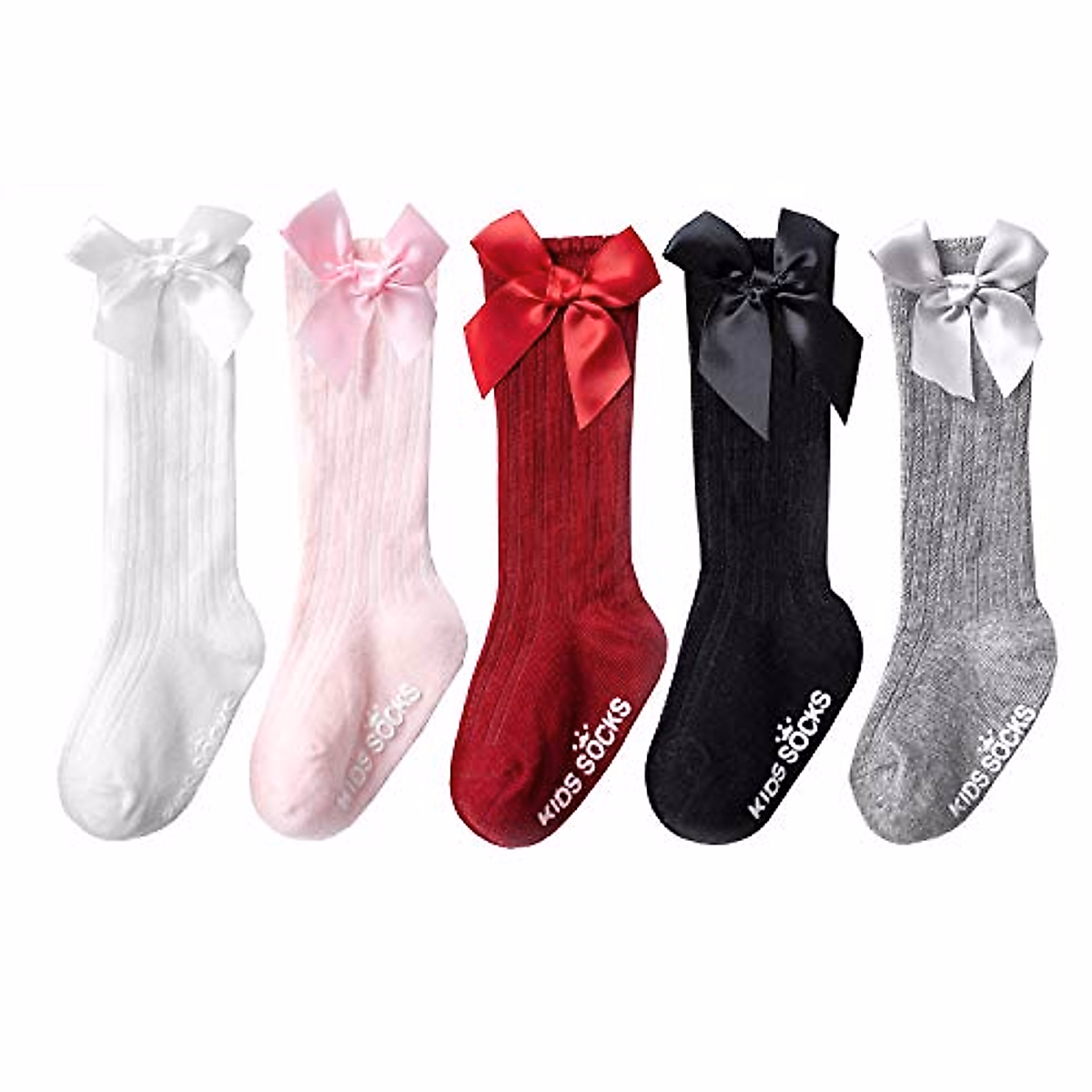 Sarfel Toddler Girl Knee High Socks Baby Non-Slip Socks Infant Long Tube Ruffled Stockings Gifts 5 Pairs Bow 12-36 Months