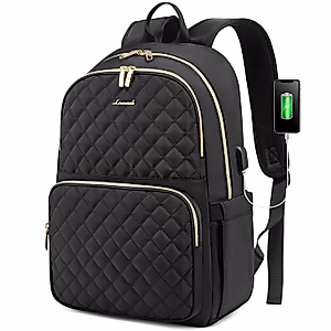 LOVEVOOK Laptop Backpack for Women, Quilted Laptop Bag Travel Backpack Purse With Anti-Theft Zipper, Stylish 15.6 Inch Work Computer Bags College School Bookbag with USB Charging Port, Black