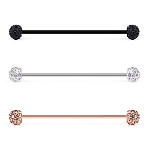 Ruifan 3PCS 16G Mix Color Crystal Ball With Mix Color Plated Stainless Steel Industrial Barbell Earring Cartilage Body Piercing Jewelry 1 1/2 Inch(38mm)