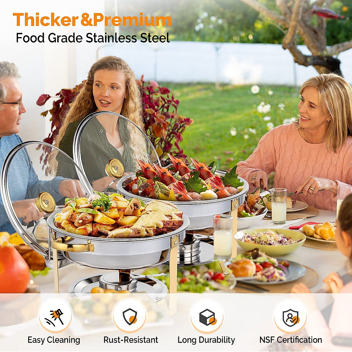 ROVSUN 5QT 4 Packs Chafing Dish Buffet Set Gold Accent, NSF Round Stainless Steel Buffet Warmer Chafers and Warmers Sets with Glass Lid & Lid Holder for Catering Events Parties Weddings Dinners