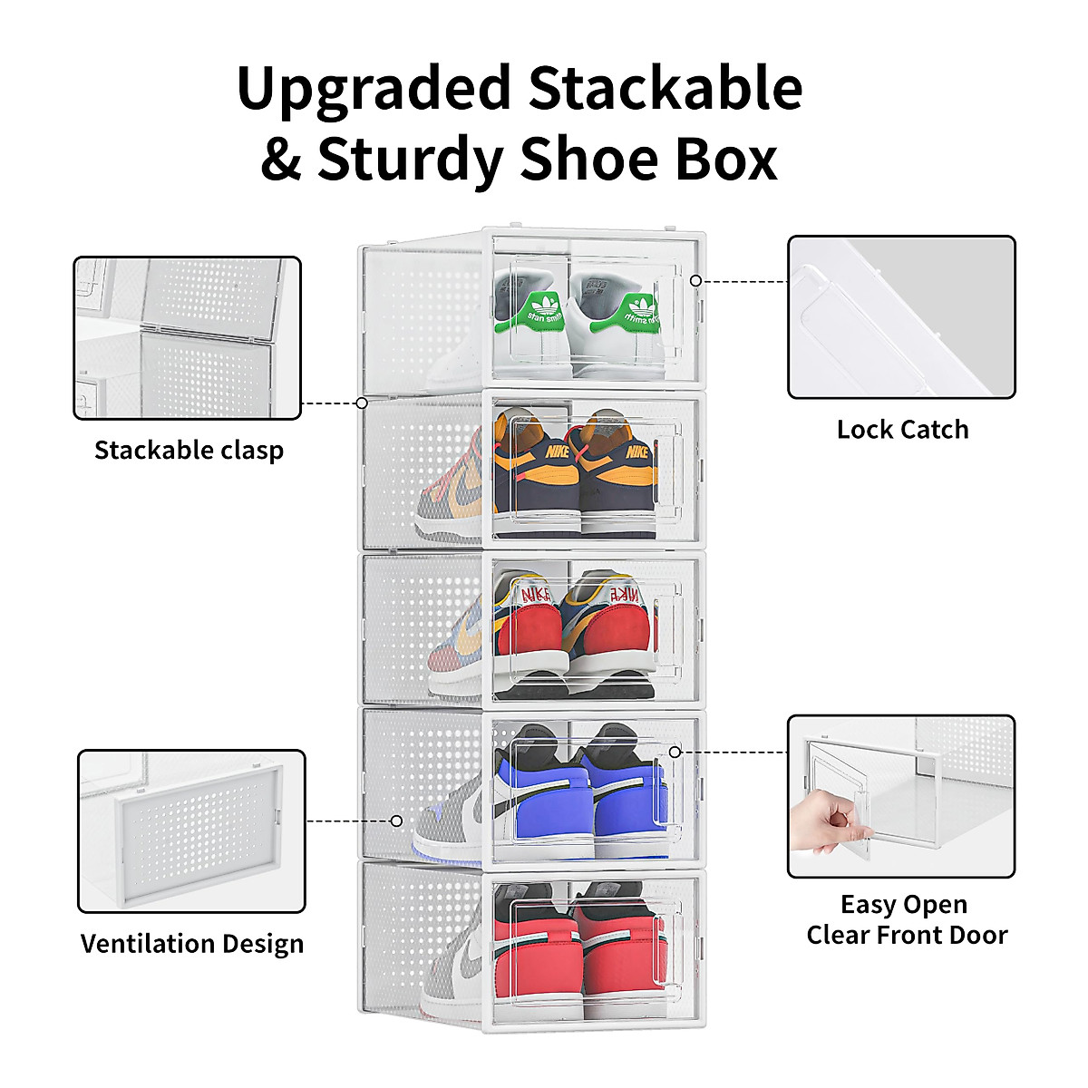 12 Pack Shoe Organizer Storage Bins, Clear Plastic Stackable Shoe Boxes for Closet, Space Saving Foldable Shoe Storage Bins, Sneaker Storage Shoe Box Container, White Frame