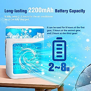 Mini Air Conditioner, Rechargeable 3 Speeds 450ML Water Tank Room Evaporative Air Cooler with Timer, Aromatherapy Notch, Spray Function, Personal Air Conditioner for Bedroom, Office, Desk