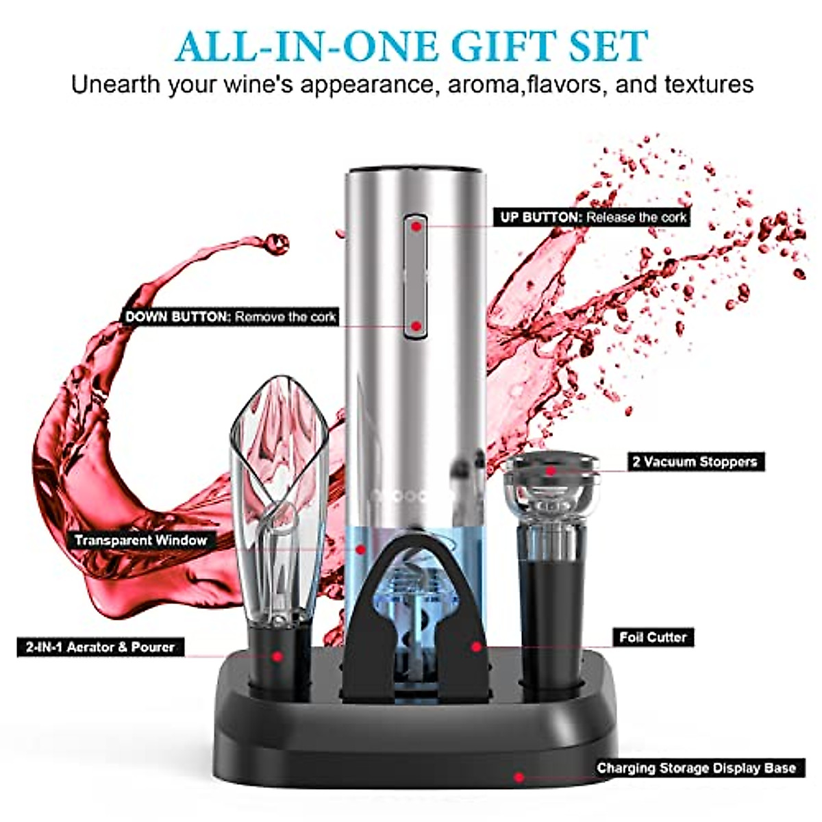 Electric Wine Opener with Charging Base, Moocoo Stainless Steel Automatic Electric Wine Bottle Corkscrew Opener Gift Set with 2-in-1 Aerator & Pourer, Foil Cutter, 2 Vacuum Stoppers, Rechargeable