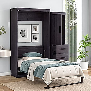 MOEO Twin Size Murphy Bed with Wardrobe and Drawers, Storage Bed, Can be Folded into a Cabinet, Wood Bedframe for Kids and Adults, Bedroom, Dorm, No Box Spring Required, Easy Assembly, Gray