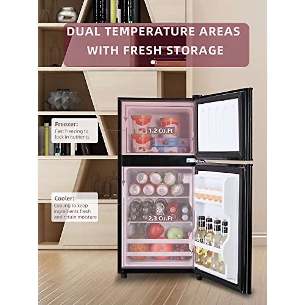 KRIB BLING Compact Refrigerators with Freezer on Top, Mini Fridge with 7- Level Adjustable Thermostat, Small Refrigerator for Apartment, Office, Camping, Wood