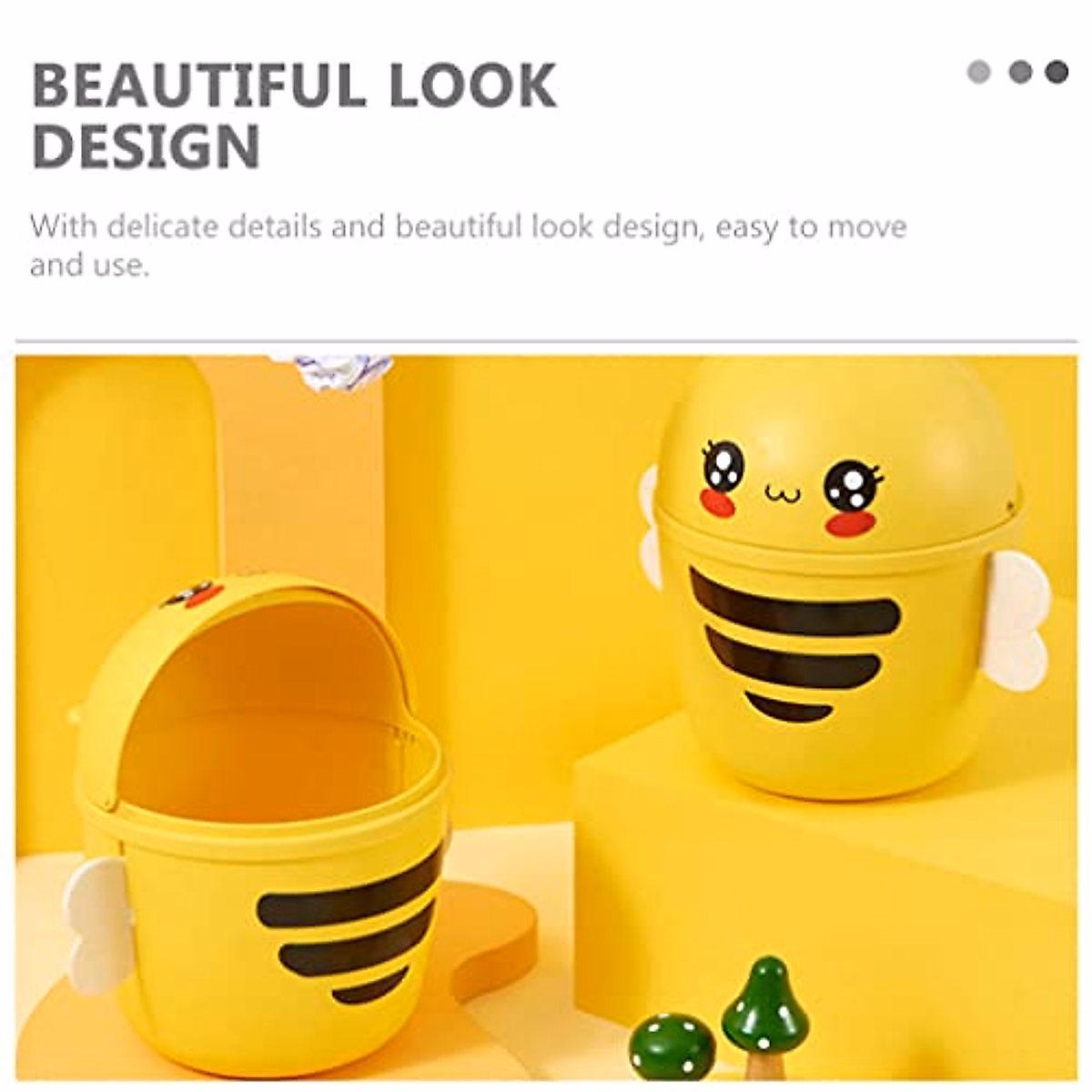 TOPBATHY Plastic Mini Wastebasket Trash Can: Cartoon Bee Desktop Trash Can with Swing Lid for Home, Office, Kitchen, Vanity Tabletop, Bedroom