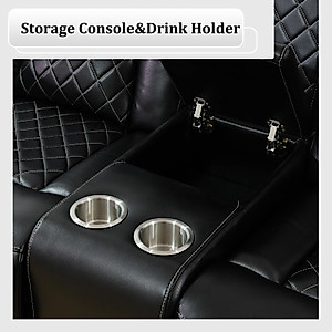 Power Recliner Sectional Sofa with LED, Breathing Leather Power Reclining Sofa Set, Sectional Reclining Couch with USB Port/Cup Holder/Storage for Living Room (Black)