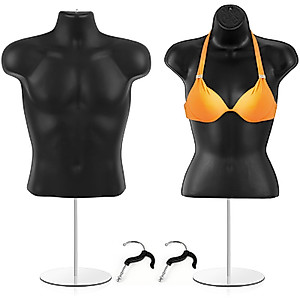 Kigley 2 Pcs Male and Female Mannequin Torso with Stand Black Dress Form Mannequin Hollow Back Body Torso Set Half Body T Shirt Display for Craft Show Counter Top Photo Design, S-Medium Clothes Size