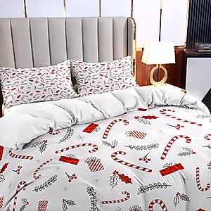 Abosbeet Christmas Duvet Cover Full Boys Girls Leaf Candy Pattern Comforter Cover Hidden Zipper Kids Bedroom Decor 2 Pillowshames White Bedding Sets Microfiber Soft Breathable Bedroom Decor