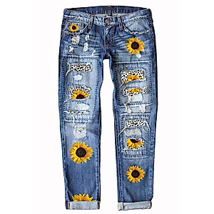 Astylish Women Stylish Destroyed Raw Hem Stretchy Mid Rise Jeans Distressed Boyfriend Ripped Hole Ankle Sunflower Denim Pants Large