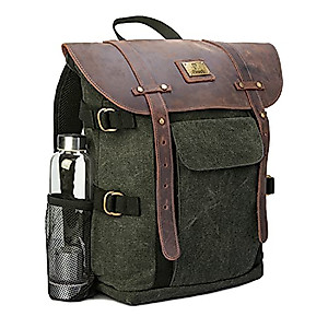 Canvas Backpack for Men Genuine Leather Cover Vintage Travel Rucksack School Book Bag, Fit 15.6" Laptop (Green)
