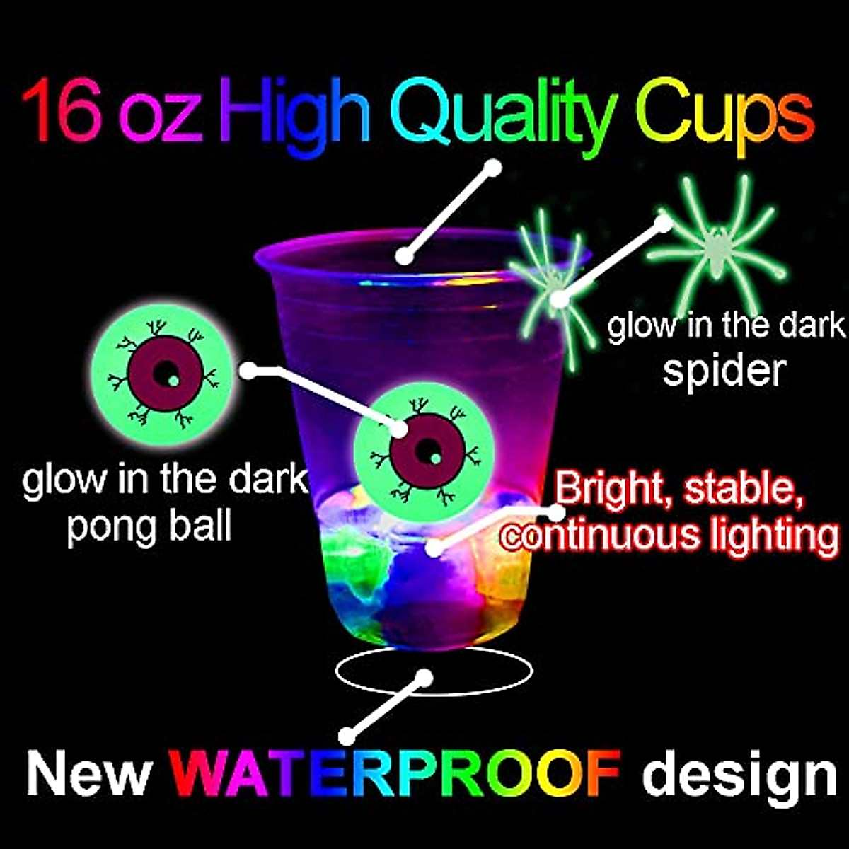 (Flash Color) The Halloween Glow in The Dark Beer Pong Set-Light up Beer Pong Cups for Indoor Outdoor Nighttime Competitive Fun,22 Glowing Cups, 6 Balls- Party Game