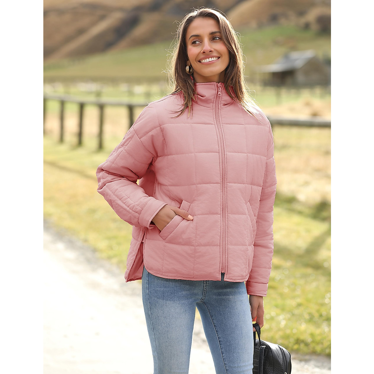 AMEBELLE Women’s Quilted Oversized Puffer Jacket Lightweight Zip Up Winter Warm Coat Outerwear with Pockets(2612-Pink-XL)