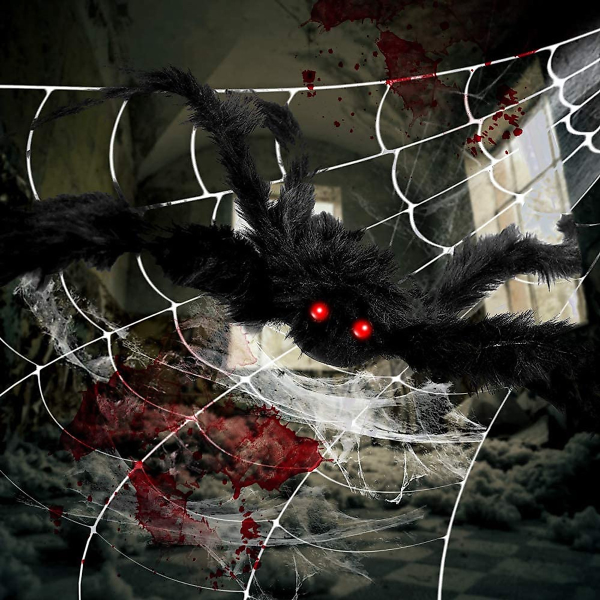 EZIGO Halloween Spider Decorations 3PCS Giant Spider Huge Spider Web Stretch Web Component of Huge Spider and Mega Spider Web Halloween Party Supplies Yard Halloween Outdoor Décor Haunted Decoration