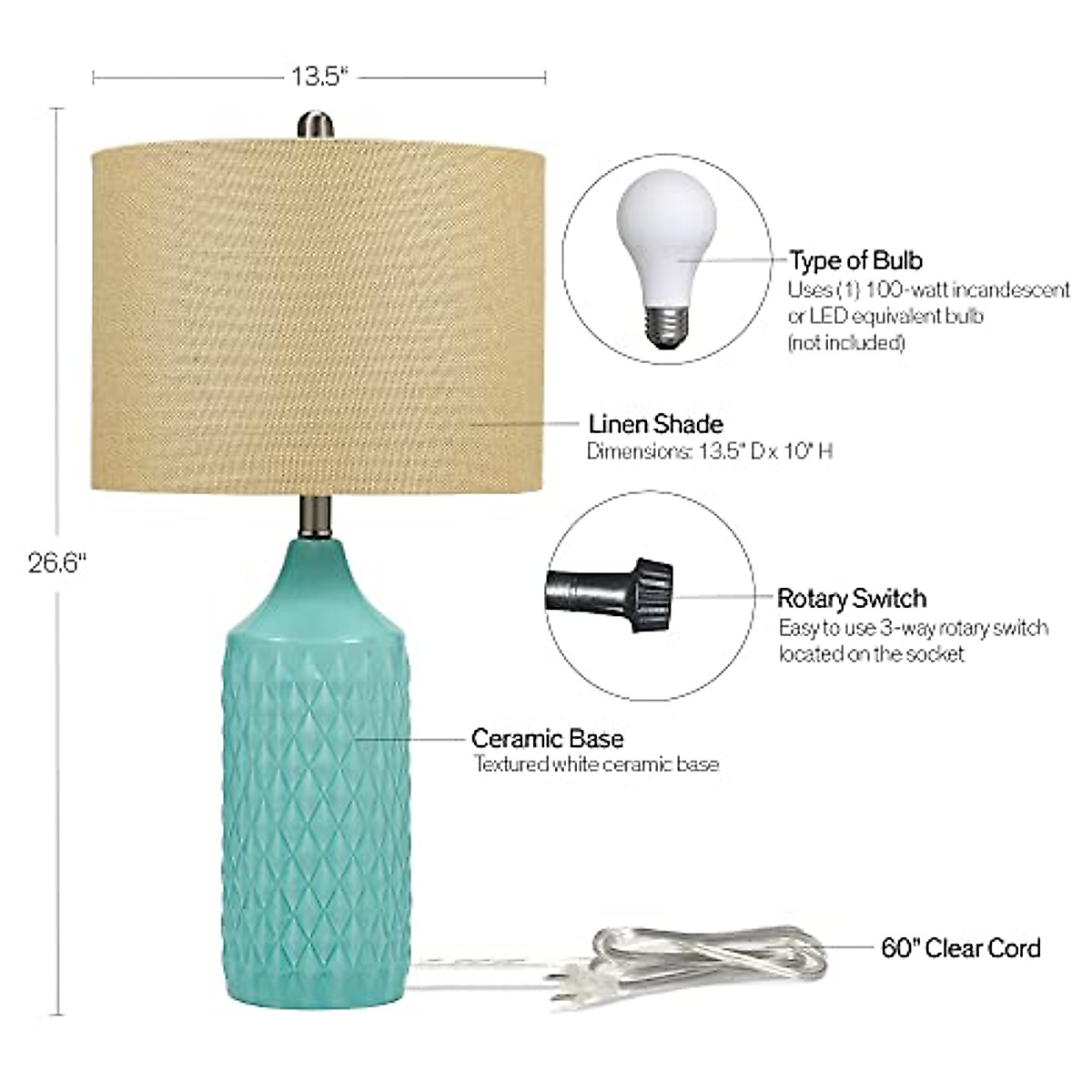 Catalina 19970-000 Cassie Quilted Ceramic Table Lamp with Linen Drum Shade, 26.5", Classic Aqua Blue