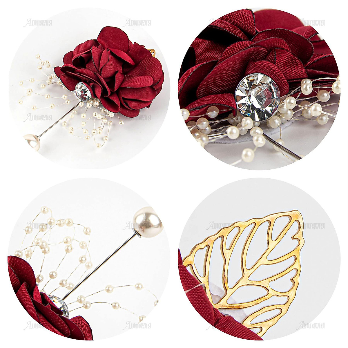 AUEAR, Rose Bridal Burgundy Red Wrist Corsage and Boutonniere Set Bridesmaid Hand Flower for Wedding