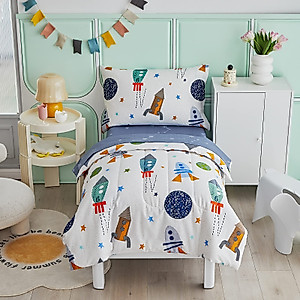 100% Cotton 4 Pieces White Space Toddler Bedding Set with Colorful Rocket Stars and Planet Includes Adorable Quilted Comforter, Blue Gray Fitted Sheet, Top Sheet, and Pillow Case for Boys Girls