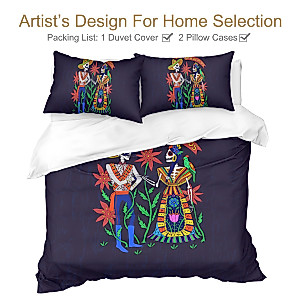 Sleepwish The Day of The Dead Bedding Skeleton Lovers Duvet Cover Set 3 Piece Dia de Los Muertos Printed Design Comforter Cover Sets Full 1 Duvet Cover 2 Pillowcases