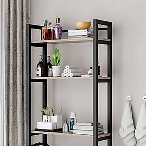 BEWISHOME Over The Toilet Storage, 3-Tier Bathroom Over Toilet Shelves with Hooks, Over Toilet Organizer, Above Toilet Shelf Rack Space Saver for Bathroom Washroom Balcony, Greige and Black YMJ02H