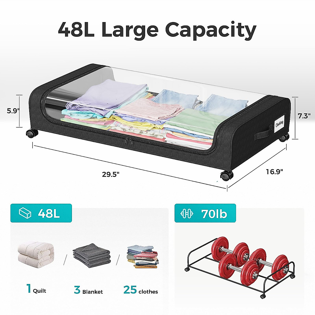 oylik 2 Pack Under Bed Storage with Wheels, Under Bed Shoe Storage Larger Capacity with PVC Clear Window & Label, Under the Bed Storage Containers for Shoe Clothes Toy Book(Black)