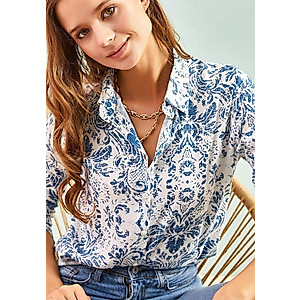 Blouses for Women Fashion, Casual Long Sleeve Button Down Shirts Tops (Blue Print, Medium)