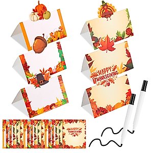 36 Pcs Thanksgiving Place Cards Pumpkin Fall Leaves Name Place Cards and 2 Pcs Permanent Markers Black Markers Name Tents Thankful Greeting Cards for Thanksgiving Harvest Party Bridal Shower Birthday