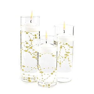 Floating Candle Cylinder Centerpiece Set, 3 Vases, 6 White Floating Candles 3" Diameter, 6 Artificial Gold Pearl Beads String Vase Fillers 40", Great for Weddings, Home Decor