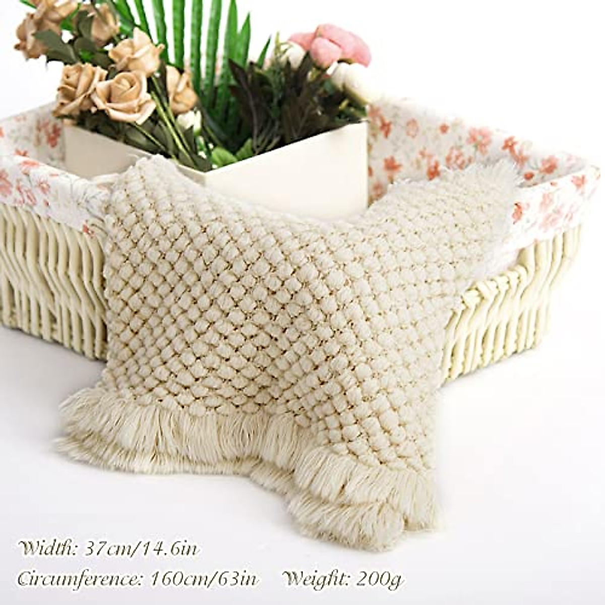 SPOKKI 3 Pcs Newborn Photography Props Outfits Set, Knitted Blanket for Baby Photo Props, Beige Elastic Wrap for Photoshoot, Flower Headband for Infant Boys Girls, Baskets Filler Posing Props