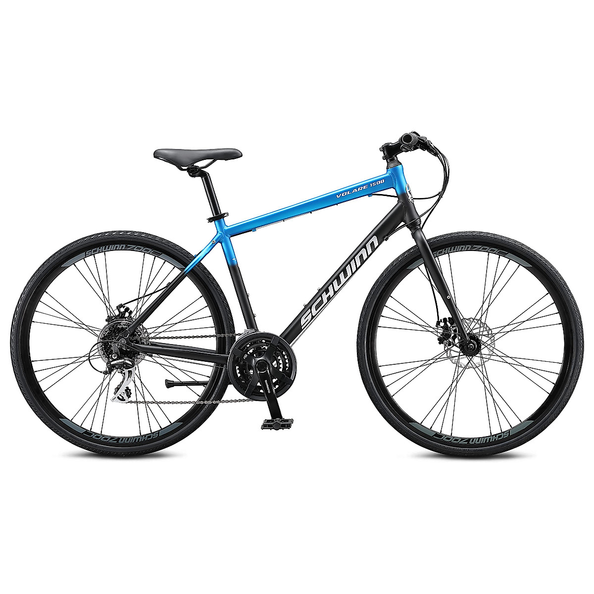 Schwinn Volare 1500 Flat Bar Hybrid Sports Road Bike, Men and Women, 24-Speed, 700c Wheels, 20-Inch Aluminum Frame, Mechanical Disc Brakes, Blue/Black