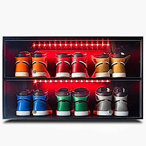 Sneaker Throne Shoe Rack with Lights for Up To 6 Pairs of Shoes, Black - Sleek Wood Shoe Shelf with Sliding Doors For Bedrooms, Outdoors, Garages - Premium Shoe Organizers and Storage for Closets
