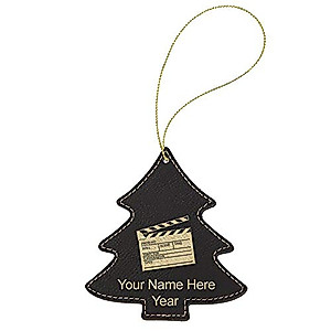 LaserGram Faux Leather Christmas Ornament, Movie Clapperboard, Personalized Engraving Included (Black with Gold, Tree)