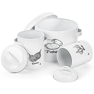 Frcctre Set of 3 Potato and Onion Storage Canisters, Potato, Onion, Garlic Kitchen Storage Bin With Lids, Metal Vegetable Keeper Storage Bins Set with Aerating Holes for Pantry Organization