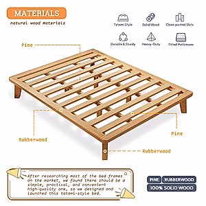 NELYE Queen Platform Bed Base - 14 Inch Solid Wood Mattress Foundation with Support Slats and Legs, Queen-Size Rubberwood Simple Bed Frame