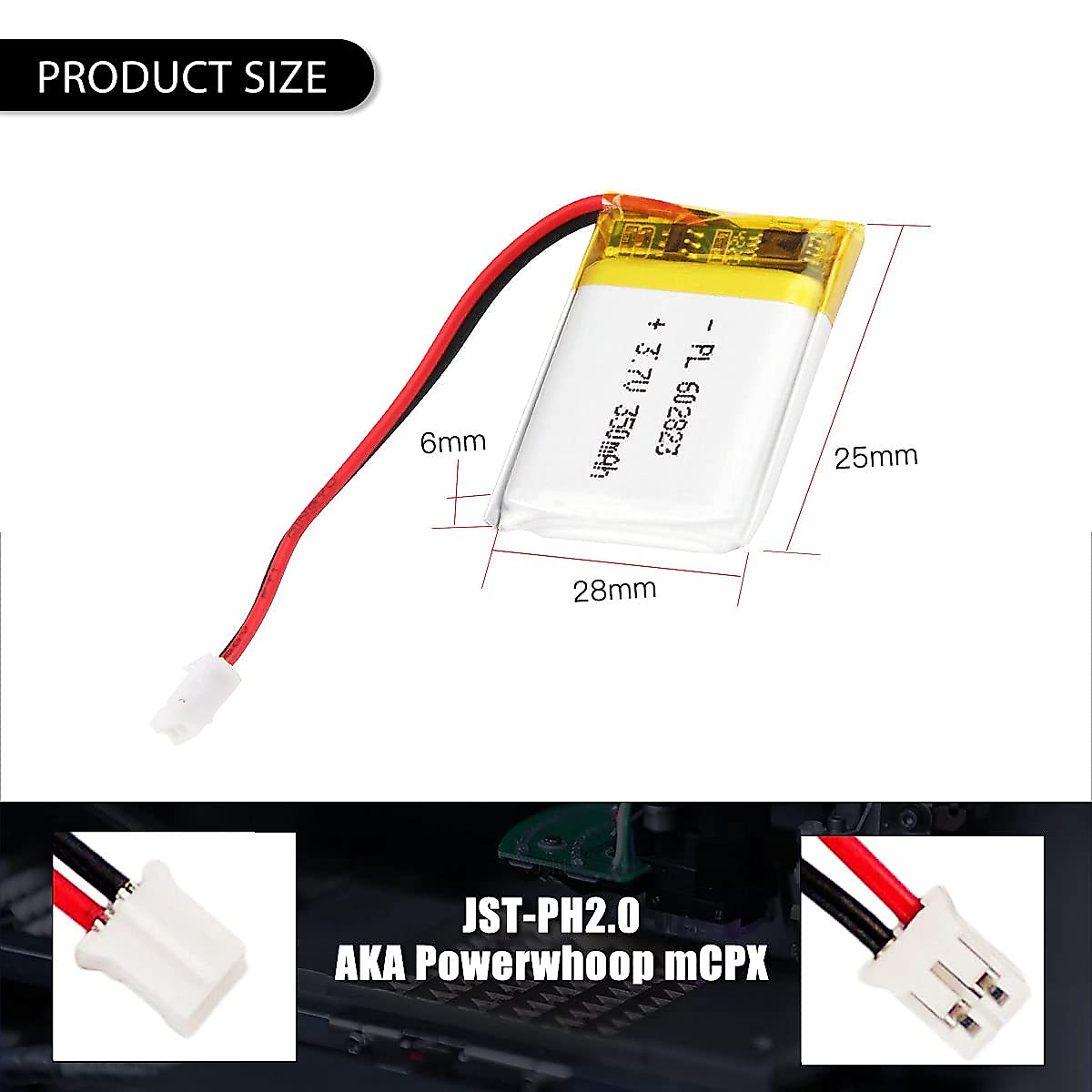 AKZYTUE 3.7V 350mAh 602823 Lipo Battery Rechargeable Lithium Polymer ion Battery Pack with JST Connector