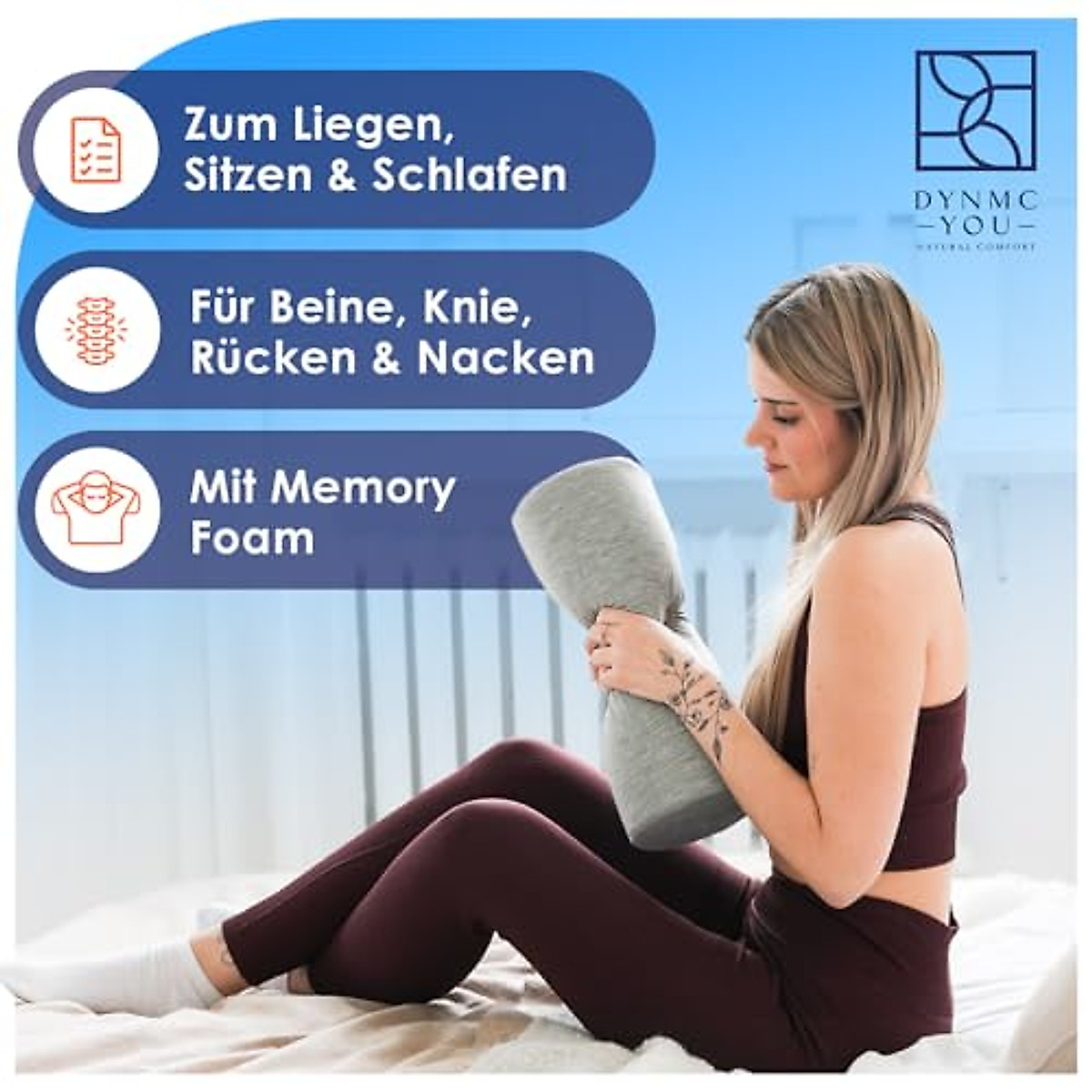 DYNMC you Neck Bolster Pillow Roll with Removable Washable Oeko-TEX Cover - Ultra Comfortable with Memory Foam Core, Round Pillow for Lower Back, Knees, & Neck Support Cylinder Pillows, Grey