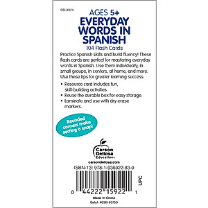 Carson Dellosa 104 Spanish Flash Cards for Kids, Spanish Vocabulary Flash Cards for Beginners, Picture Flash Cards for Toddlers, Learning Spanish Game for Beginners