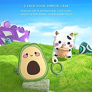2 Pack Cute Airpod Case Cover, Boba Tea Cow & Avocado Airpods Case 3D Cartoon Funny Airpods 1&2 Case, Food Fruit Design Silicone Protective Case with keychain for Airpods 1st Generation/2nd Generation