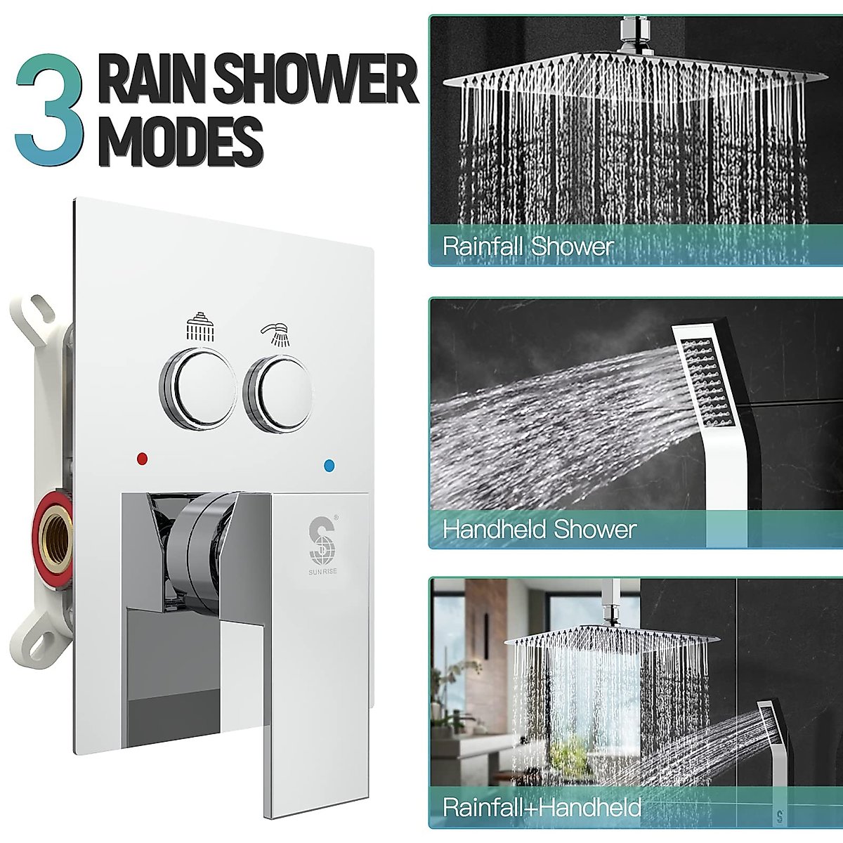 SR SUN RISE Ceiling Mounted Shower System with Push Button Diverter, Luxury 12 Inch Rain Shower Head with Handheld Spray, High Pressure Shower Faucet Combo Set with Rough-in Valve, Polished Chrome