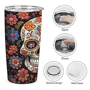 ZXDSKGYN 20 Oz Tumbler With Straw Leak Proof Thermos Cup, Sugar Skulls Stainless Steel Insulated Travel Coffee Mug Fit for Car Cup Holder