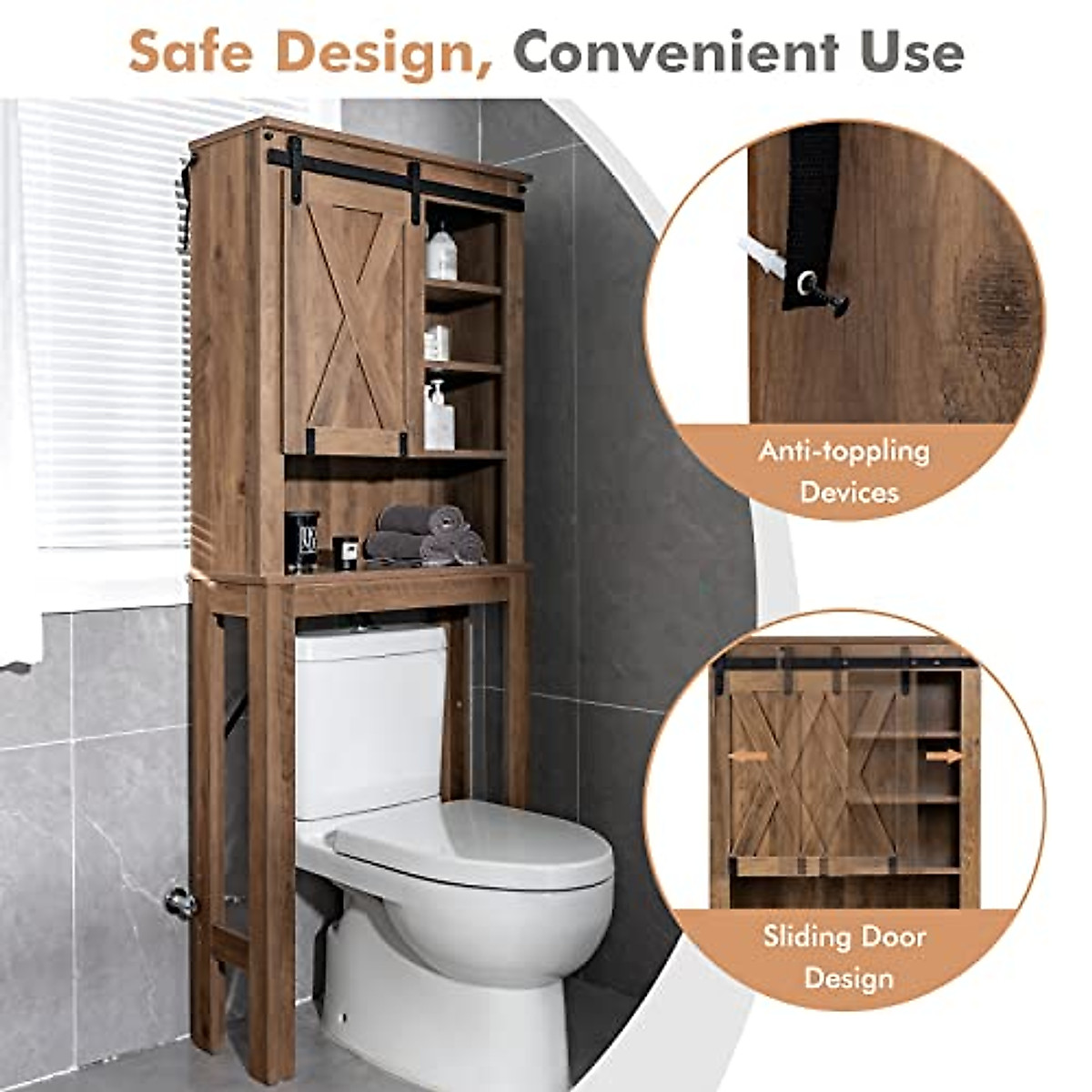 Giantex Over The Toilet Storage Cabinet - Freestanding Toilet Rack with Sliding Barn Door, 3-Level Adjustable Shelves, Anti-Toppling Devices, Non-Slip Foot Pads, Bathroom Toilet Shelf, Rustic Brown