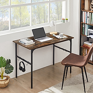 VECELO 44" Computer Writing Desk for Home Office, Study Table Workstation for Small Spaces with 6 Hooks & Adjustable Legs, Metal Frame,Brown, 44Inches