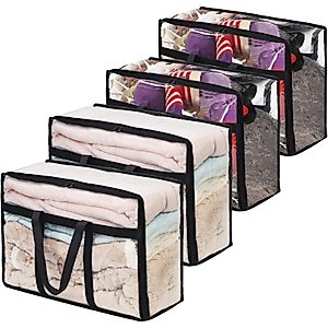 Fixwal 4 Pack Clear Clothes Storage Bags Organizer, 60L Moving Storage Totes with Sturdy Zipper, Bedding Storage Containers with Reinforced Handles for Blankets Comforter Space Saver(Black)