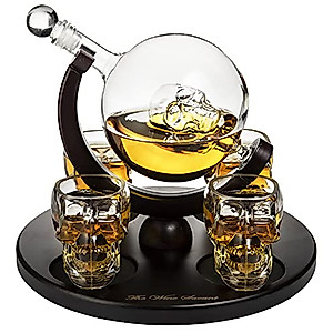 Skull King Skeleton Wine & Whiskey Globe Decanter Set 850 mL With 4 Skull Head 3oz Skeletons Shot Glasses + Mahogany Wooden Base Decor Glass, Goth Spooky Drinking Glassware The Wine Savant