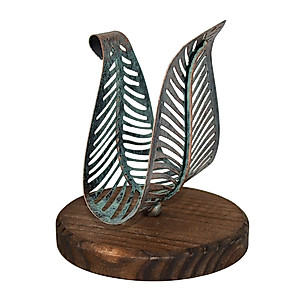 OwlGift Freestanding Modern Napkin Holder w/Golden Turquoise Metal Leaf & Brown Wooden Base Design, Tabletop Tissue Dispenser, Napkin Storage Organizer